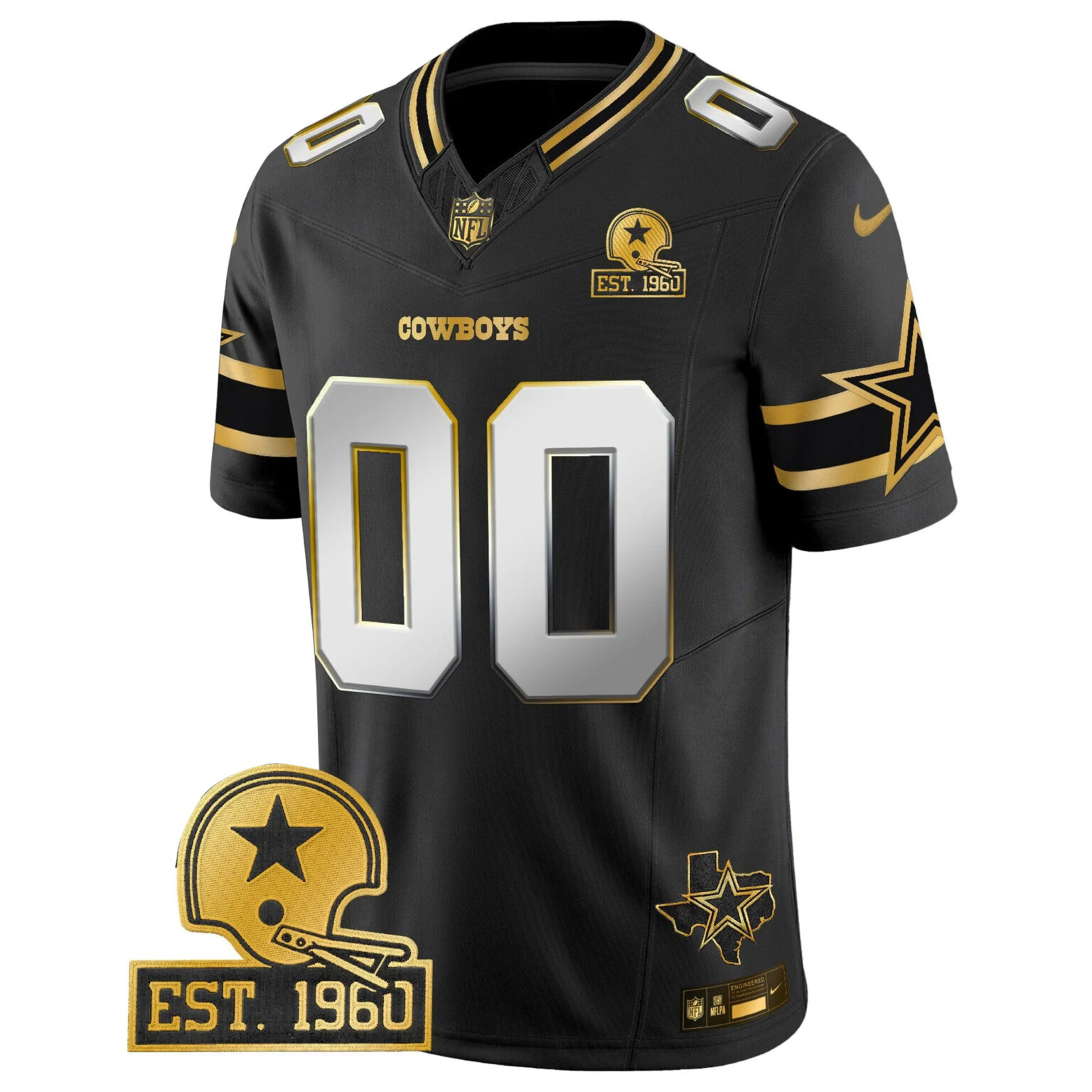 Custom Dallas Cowboys Est 1960 Texas Patch Black Gold Jersey